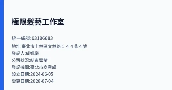 極限髮藝工作室的照片-統編 93186683(臺北市) 公司登記資料與營業項目詳細圖表