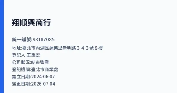 翔順興商行的照片-統編 93187085(臺北市) 公司登記資料與營業項目詳細圖表