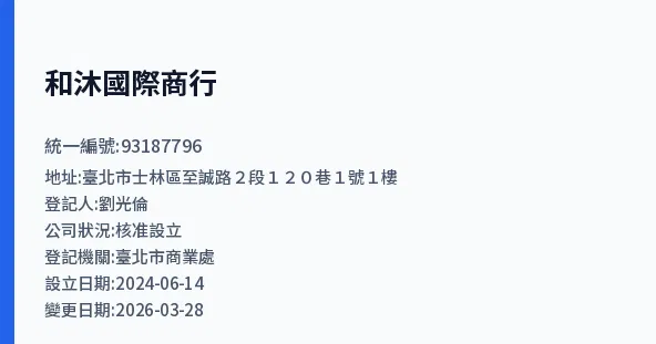 和沐國際商行的照片-統編 93187796(臺北市) 公司登記資料與營業項目詳細圖表