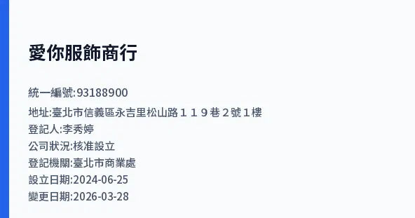 愛你服飾商行的照片-統編 93188900(臺北市) 公司登記資料與營業項目詳細圖表