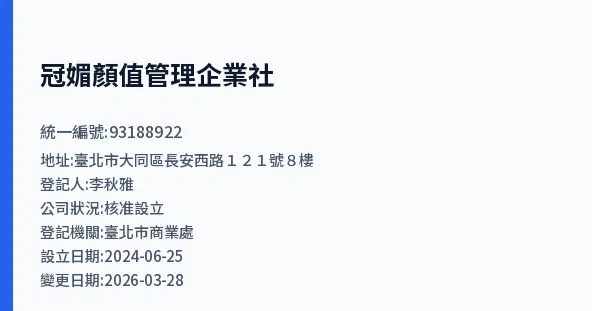 冠媚顏值管理企業社的照片-統編 93188922(臺北市) 公司登記資料與營業項目詳細圖表