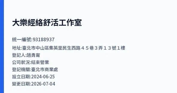 大樂經絡舒活工作室的照片-統編 93188937(臺北市) 公司登記資料與營業項目詳細圖表