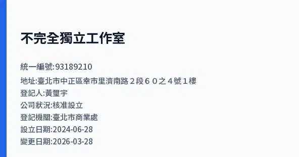 不完全獨立工作室的照片-統編 93189210(臺北市) 公司登記資料與營業項目詳細圖表