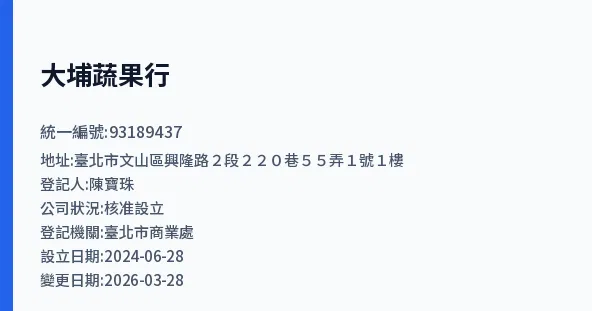 大埔蔬果行的照片-統編 93189437(臺北市) 公司登記資料與營業項目詳細圖表