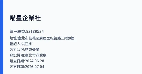 喵星企業社的照片-統編 93189534(臺北市) 公司登記資料與營業項目詳細圖表