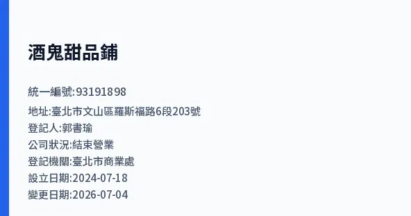 酒鬼甜品鋪的照片-統編 93191898(臺北市) 公司登記資料與營業項目詳細圖表