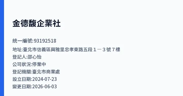 金德馥企業社的照片-統編 93192518(臺北市) 公司登記資料與營業項目詳細圖表