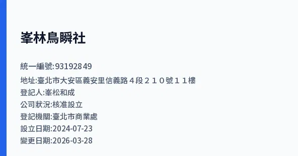 峯林鳥瞬社的照片-統編 93192849(臺北市) 公司登記資料與營業項目詳細圖表