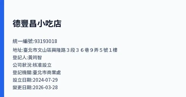 德豐昌小吃店的照片-統編 93193018(臺北市) 公司登記資料與營業項目詳細圖表