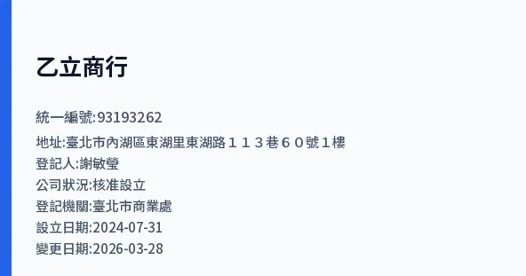乙立商行的照片-統編 93193262(臺北市) 公司登記資料與營業項目詳細圖表