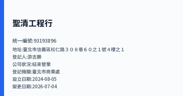 聖清工程行的照片-統編 93193896(臺北市) 公司登記資料與營業項目詳細圖表