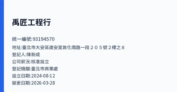 禹匠工程行的照片-統編 93194570(臺北市) 公司登記資料與營業項目詳細圖表
