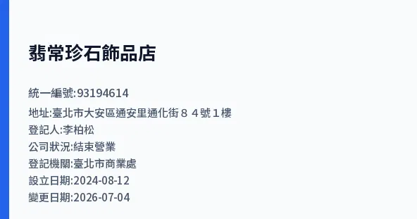 翡常珍石飾品店的照片-統編 93194614(臺北市) 公司登記資料與營業項目詳細圖表