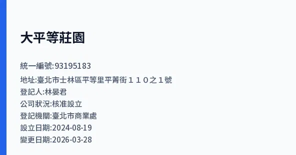 大平等莊園的照片-統編 93195183(臺北市) 公司登記資料與營業項目詳細圖表