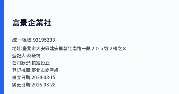 富景企業社的照片-統編 93195233(臺北市) 公司登記資料與營業項目詳細圖表