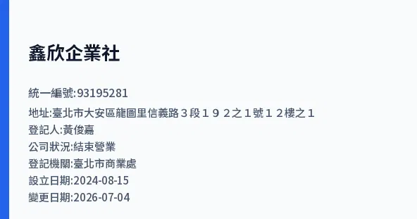 鑫欣企業社的照片-統編 93195281(臺北市) 公司登記資料與營業項目詳細圖表