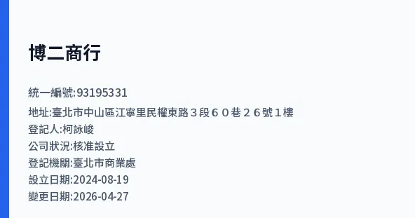 博二商行的照片-統編 93195331(臺北市) 公司登記資料與營業項目詳細圖表