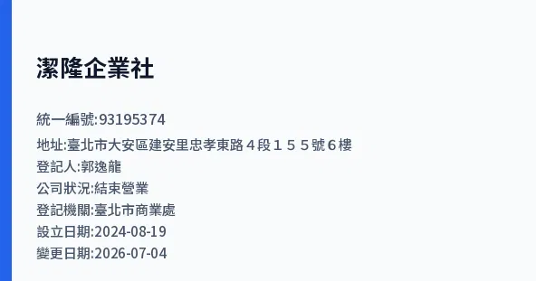 潔隆企業社的照片-統編 93195374(臺北市) 公司登記資料與營業項目詳細圖表