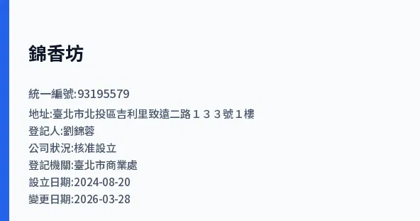 錦香坊的照片-統編 93195579(臺北市) 公司登記資料與營業項目詳細圖表