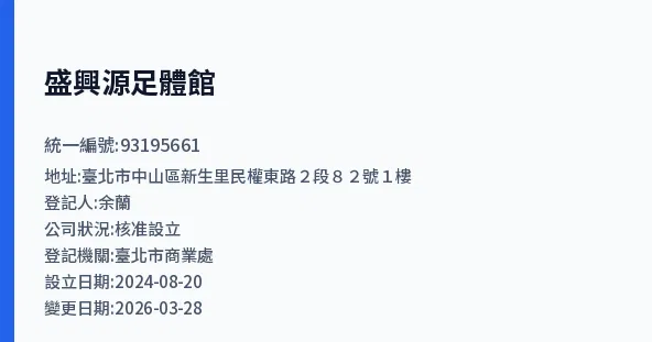 盛興源足體館的照片-統編 93195661(臺北市) 公司登記資料與營業項目詳細圖表