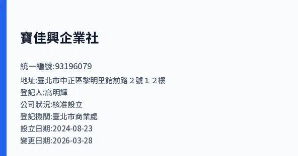 寶佳興企業社的照片-統編 93196079(臺北市) 公司登記資料與營業項目詳細圖表