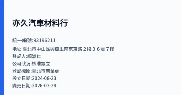 亦久汽車材料行的照片-統編 93196211(臺北市) 公司登記資料與營業項目詳細圖表