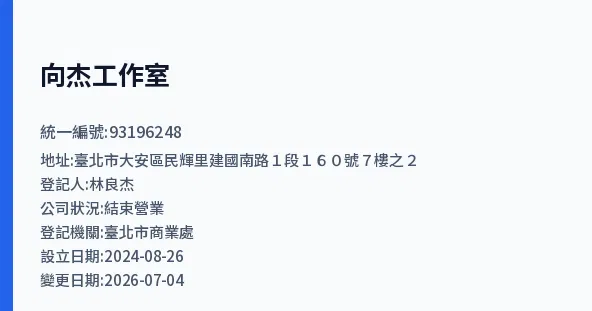 向杰工作室的照片-統編 93196248(臺北市) 公司登記資料與營業項目詳細圖表