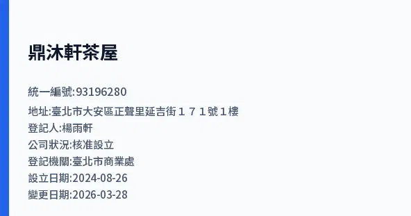 鼎沐軒茶屋的照片-統編 93196280(臺北市) 公司登記資料與營業項目詳細圖表