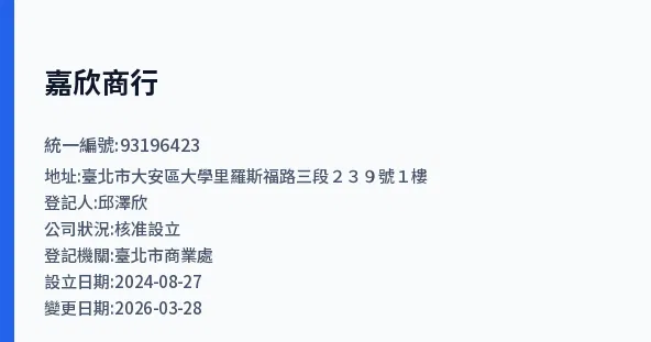 嘉欣商行的照片-統編 93196423(臺北市) 公司登記資料與營業項目詳細圖表