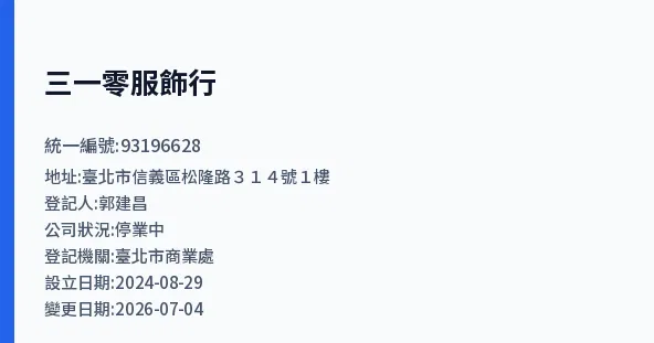 三一零服飾行的照片-統編 93196628(臺北市) 公司登記資料與營業項目詳細圖表