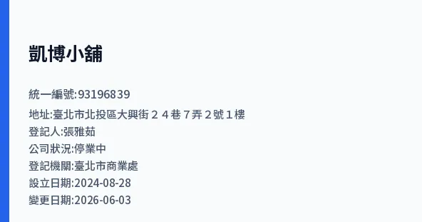 凱博小舖的照片-統編 93196839(臺北市) 公司登記資料與營業項目詳細圖表