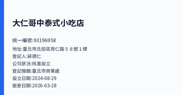 大仁哥中泰式小吃店的照片-統編 93196958(臺北市) 公司登記資料與營業項目詳細圖表