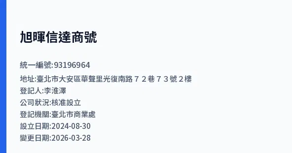 旭暉信達商號的照片-統編 93196964(臺北市) 公司登記資料與營業項目詳細圖表