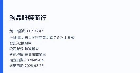 畇品服裝商行的照片-統編 93197247(臺北市) 公司登記資料與營業項目詳細圖表