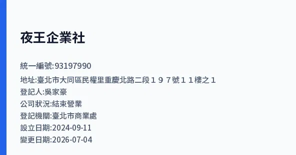 夜王企業社的照片-統編 93197990(臺北市) 公司登記資料與營業項目詳細圖表