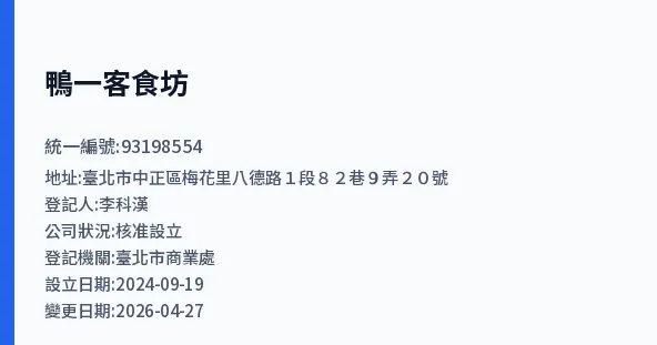 鴨一客食坊的照片-統編 93198554(臺北市) 公司登記資料與營業項目詳細圖表