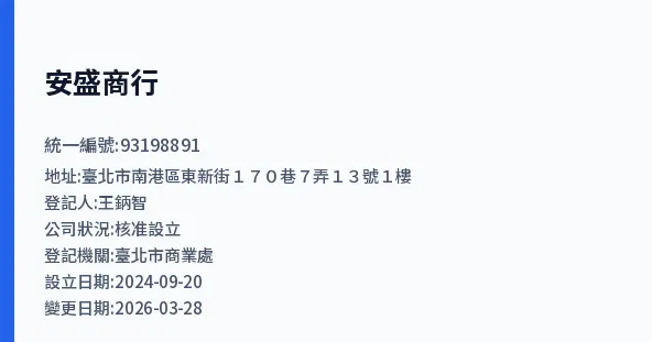 安盛商行的照片-統編 93198891(臺北市) 公司登記資料與營業項目詳細圖表
