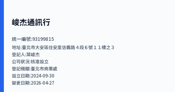 峻杰通訊行的照片-統編 93199815(臺北市) 公司登記資料與營業項目詳細圖表