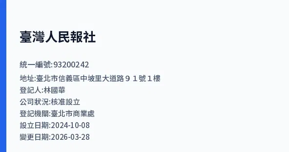 臺灣人民報社的照片-統編 93200242(臺北市) 公司登記資料與營業項目詳細圖表