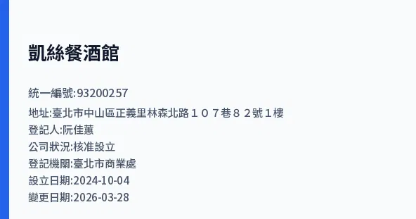 凱絲餐酒館的照片-統編 93200257(臺北市) 公司登記資料與營業項目詳細圖表