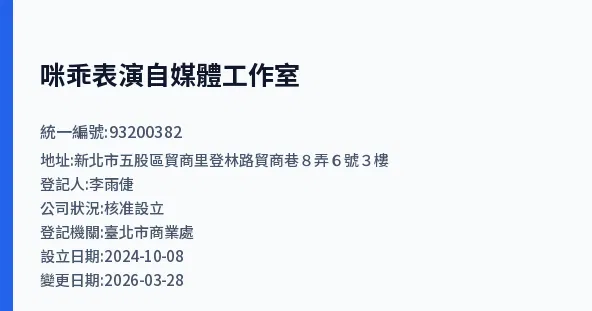咪乖表演自媒體工作室的照片-統編 93200382(新北市) 公司登記資料與營業項目詳細圖表