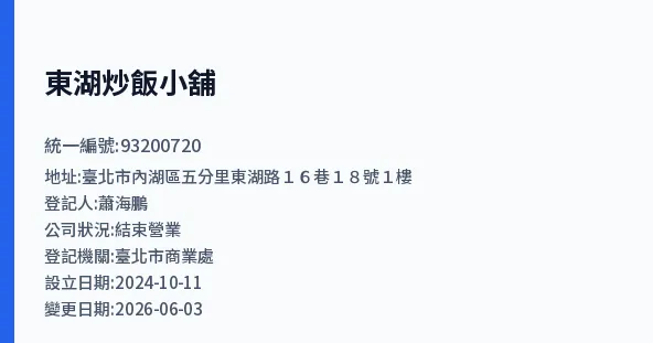 東湖炒飯小舖的照片-統編 93200720(臺北市) 公司登記資料與營業項目詳細圖表