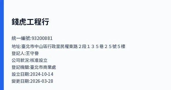 錢虎工程行的照片-統編 93200881(臺北市) 公司登記資料與營業項目詳細圖表