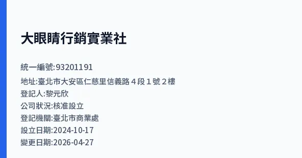 大眼睛行銷實業社的照片-統編 93201191(臺北市) 公司登記資料與營業項目詳細圖表