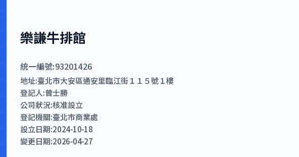 樂謙牛排館的照片-統編 93201426(臺北市) 公司登記資料與營業項目詳細圖表