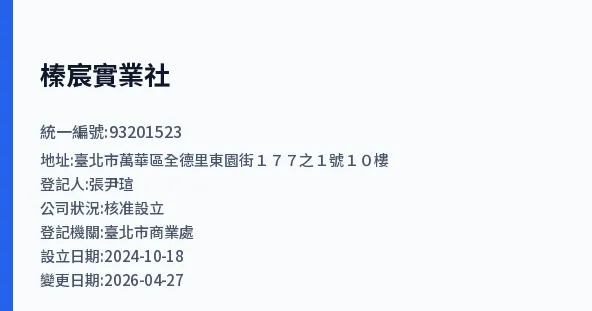 榛宸實業社的照片-統編 93201523(臺北市) 公司登記資料與營業項目詳細圖表
