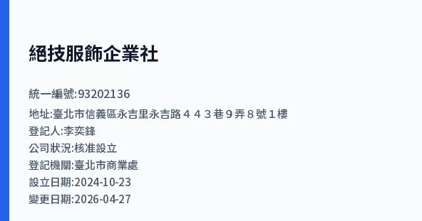 絕技服飾企業社的照片-統編 93202136(臺北市) 公司登記資料與營業項目詳細圖表