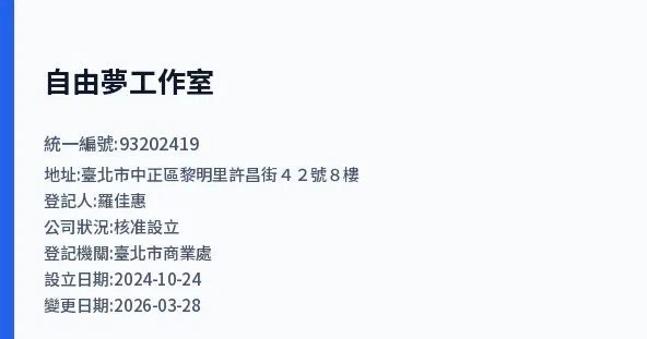 自由夢工作室的照片-統編 93202419(臺北市) 公司登記資料與營業項目詳細圖表