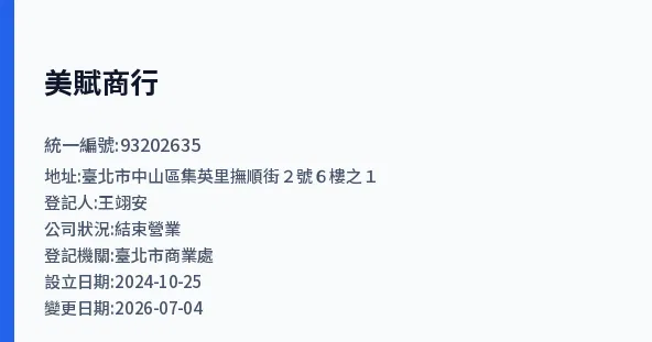 美賦商行的照片-統編 93202635(臺北市) 公司登記資料與營業項目詳細圖表