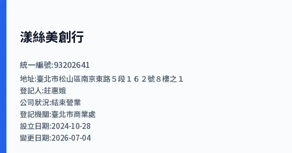 漾絲美創行的照片-統編 93202641(臺北市) 公司登記資料與營業項目詳細圖表